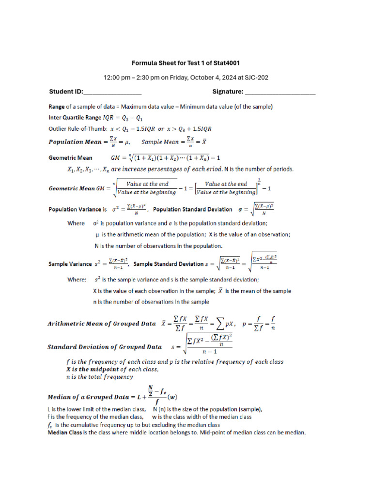 Formula Sheet_Test 1 - STAT4001 | PDF