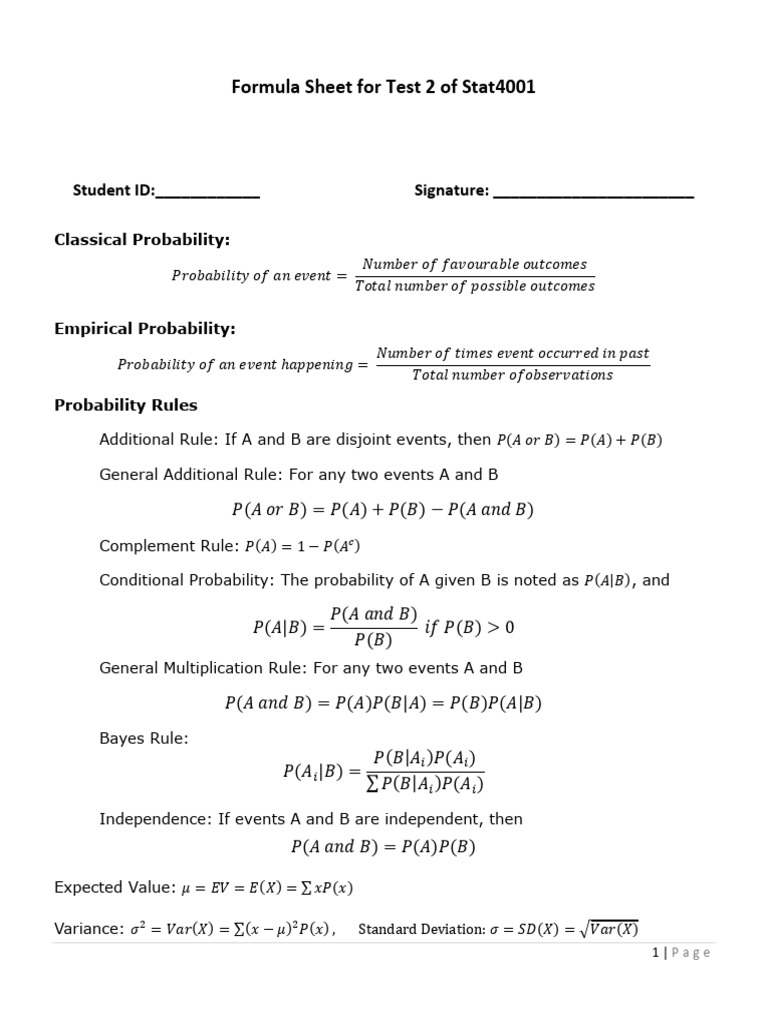 Stat4001 Probability Formula Sheet | PDF | Probability Distribution ...