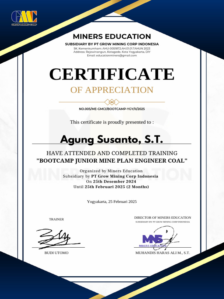 Sertifikat Bootcamp Junior Mine Plan Engineer Coal - Agung Susanto, S.T ...