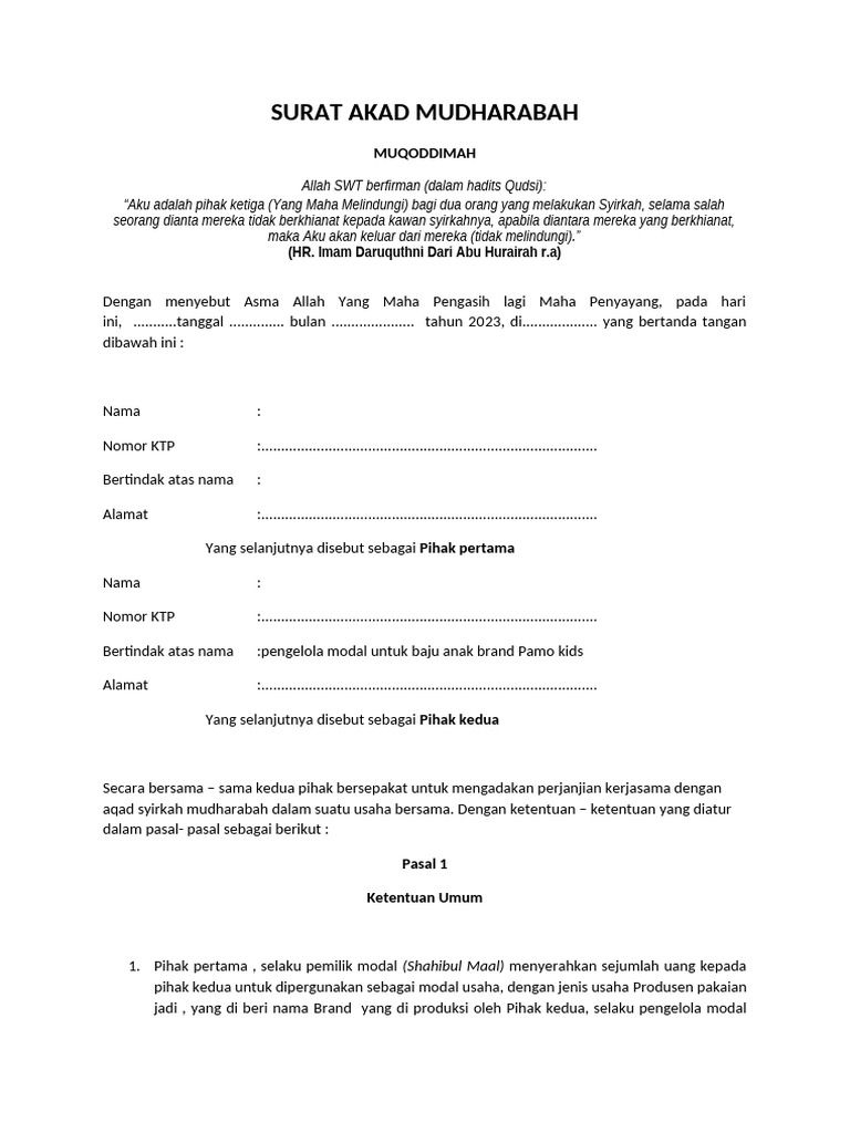 SURAT AKAD Mudharabah (1) - 1 | PDF