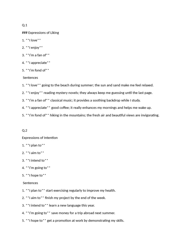 Expressions of Liking and Intention | PDF | Verb | Word