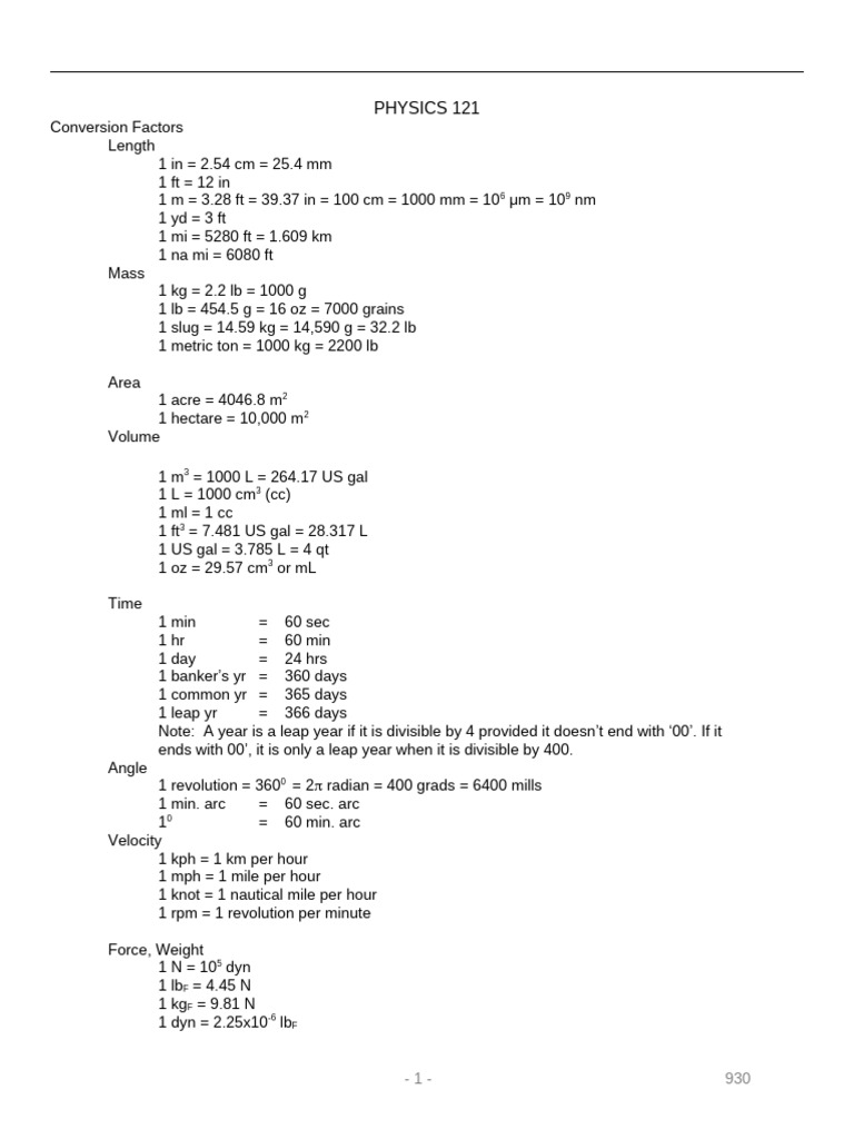Physics 121 Conversion Factors Guide | PDF | Metrology | Physical ...