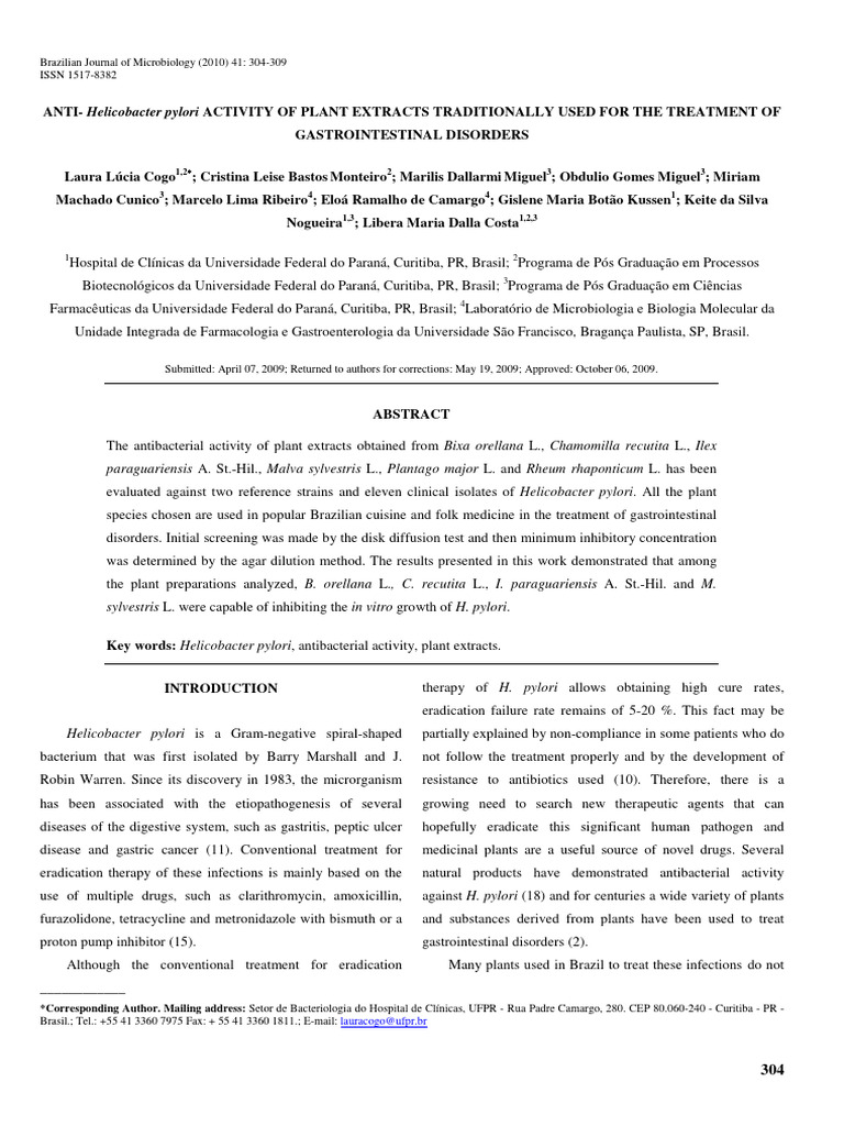 Anti - Helicobacter Pylori Activity of Plant Extracts Traditionally ...