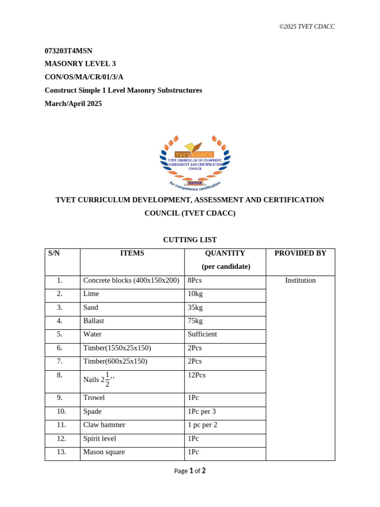 Cutting List Construct Simple 1 Level Masonry Substructures Level 3 | PDF