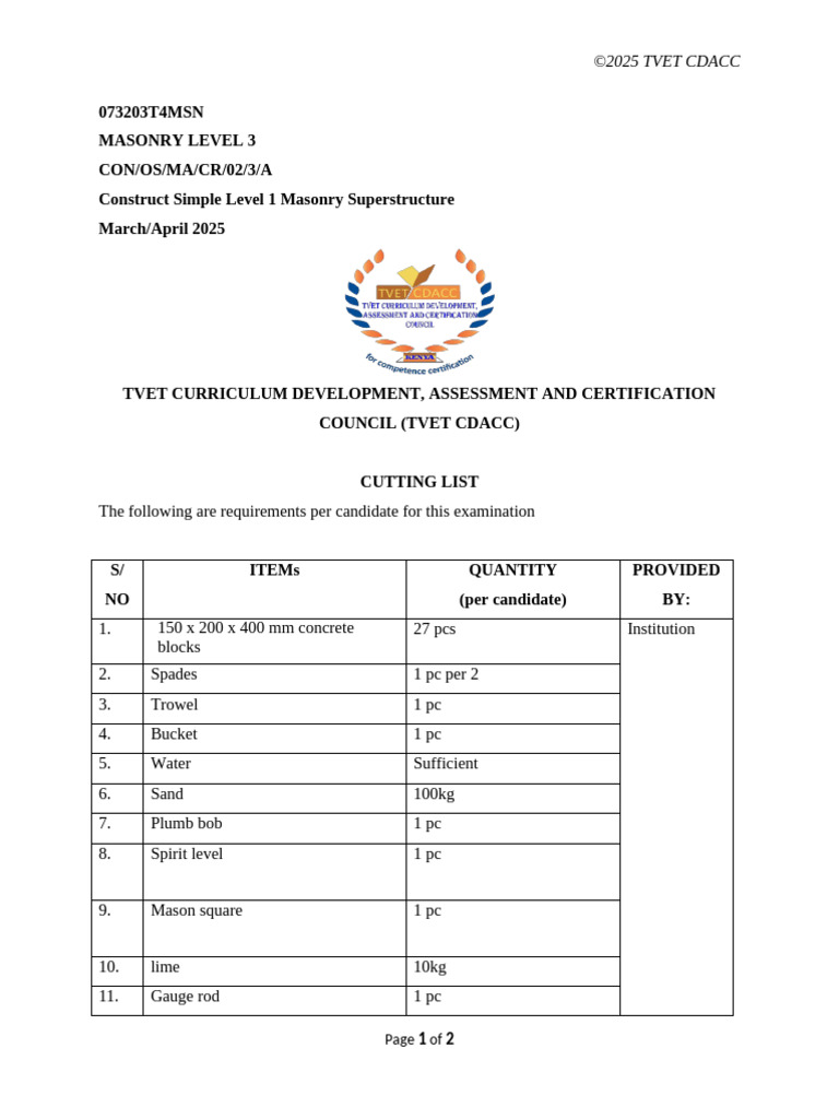 Cutting List Construct Simple 1 Level Masonry Superstructure | PDF