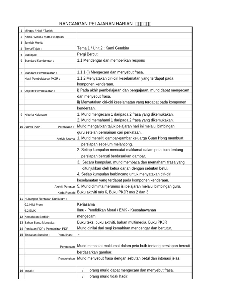 RPH BM Tahun 2 Unit 2 | PDF