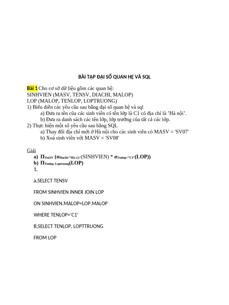 BÀI TẬP ĐẠI SỐ QUAN HỆ VÀ SQL | PDF