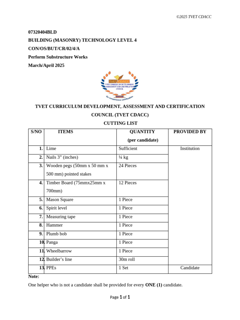 Cutting List Perform Substructure Works Level 4 | PDF