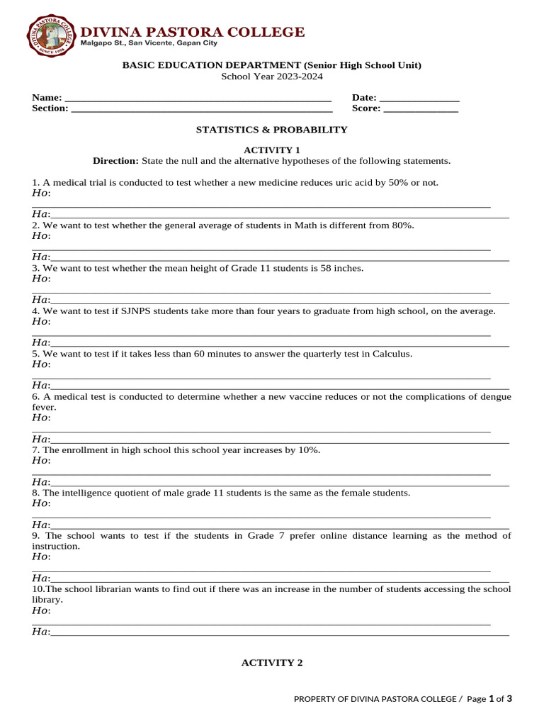 Senior High School Statistics Activity Guide | PDF | P Value