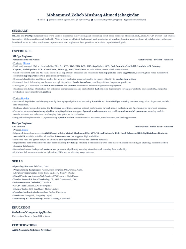 MLOps Engineer Resume of Zoheb Jahagirdar | PDF | Amazon Web Services ...