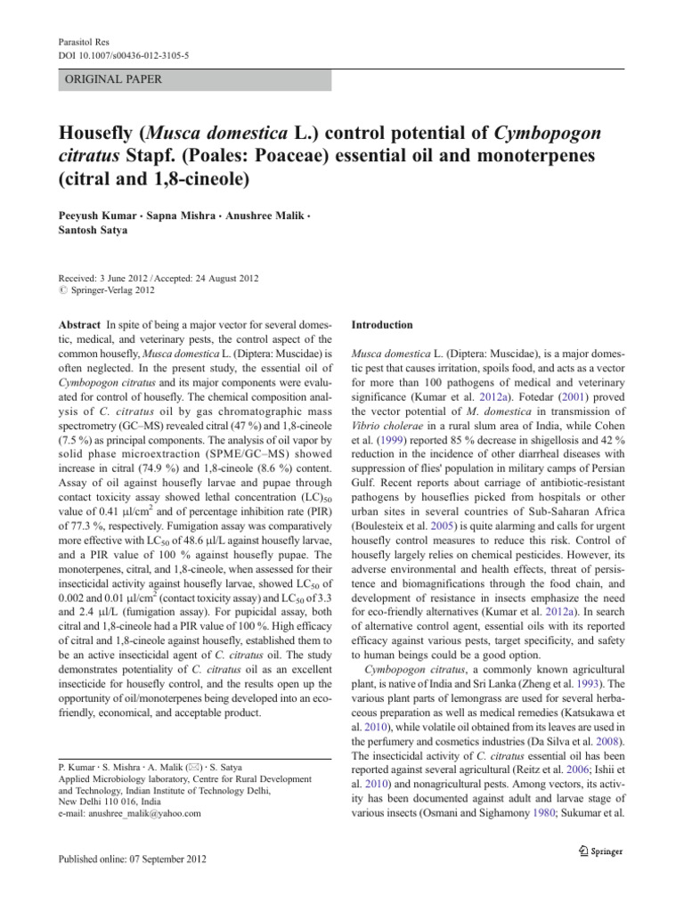 Housefly Musca Domestica L Control Poten | PDF | Gas Chromatography