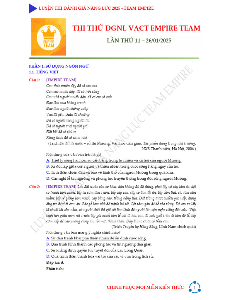 DA ĐỀ THI THỬ LẦN THỨ 11 VACT 26-1 | PDF