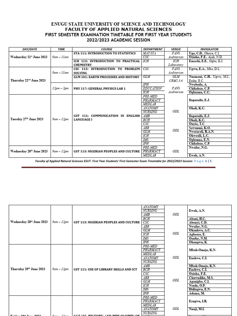 1st Sem 2022-2023 1stYr Exam Time Table | PDF