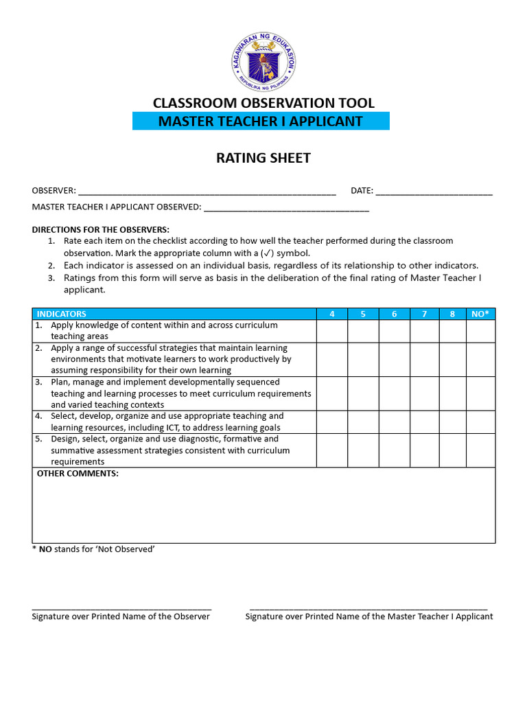 COT Rating Sheet for Master Teacher I | PDF