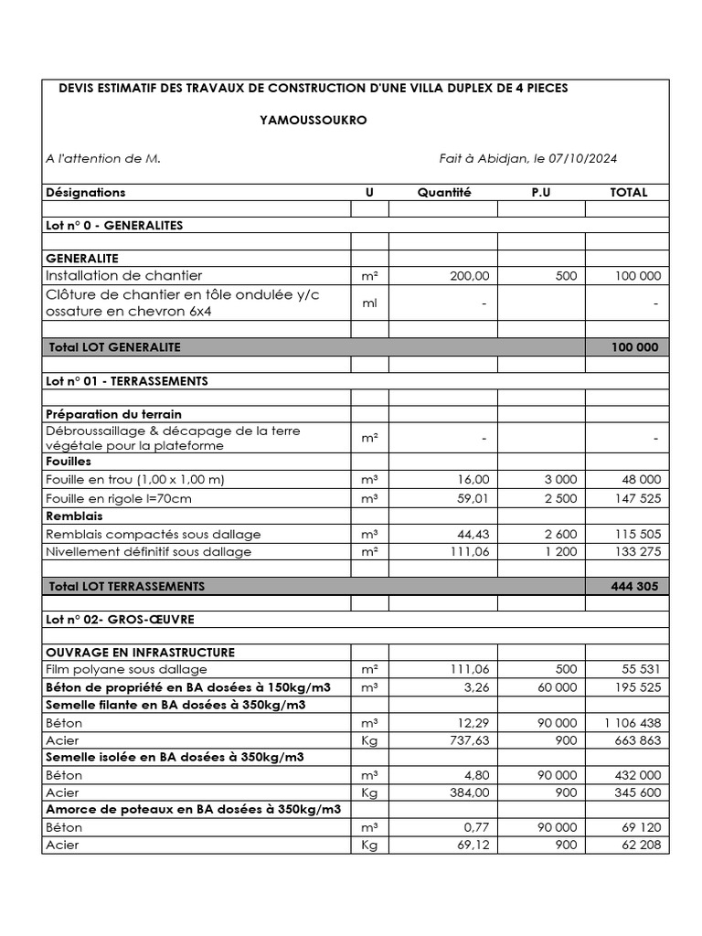 Devis Construction Villa Duplex 4 Pièces | PDF | Génie du bâtiment ...