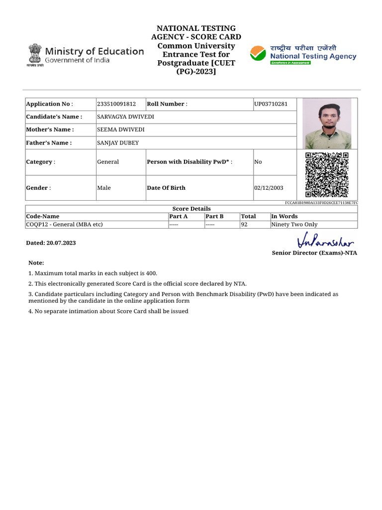 Sarvagya CUET Score Card | PDF