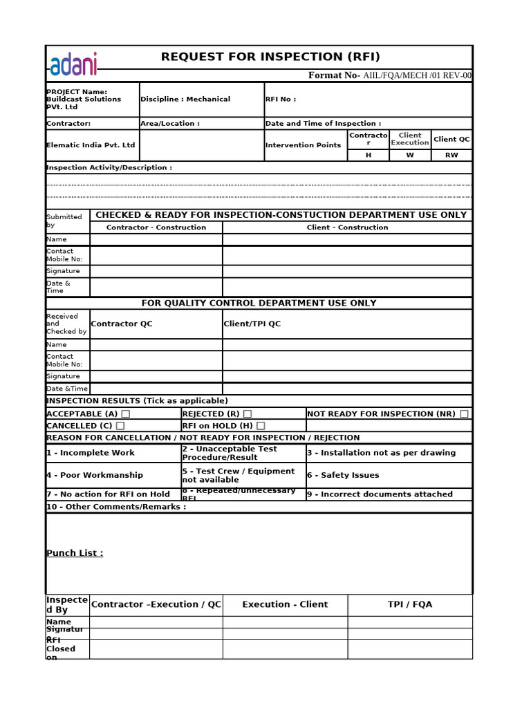 Request For Inspection (Rfi) : Format No | PDF