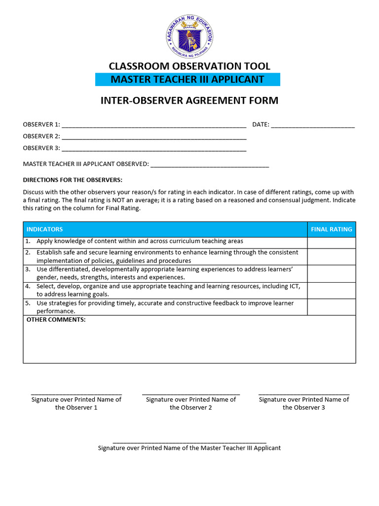 COT Inter-Observer Master Teacher III | PDF