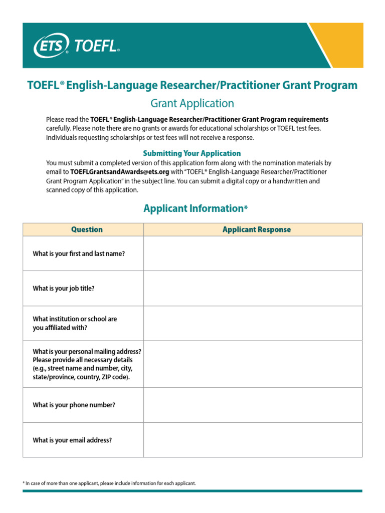Toefl English Language Researcher Practitioner Grant Application | PDF ...