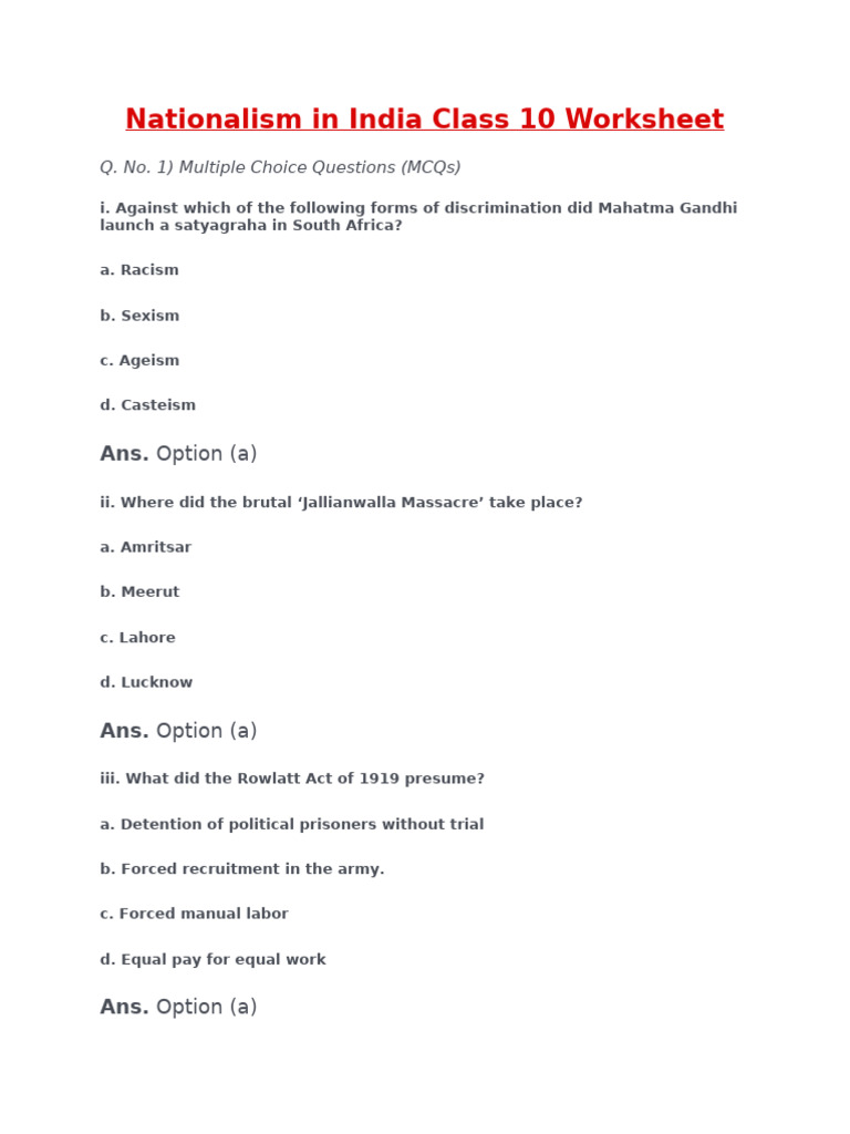 Nationalism in India: Class 10 Worksheet | PDF | Mahatma Gandhi ...