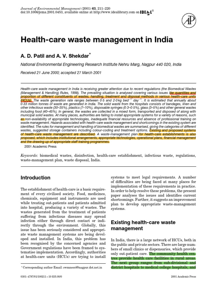 Health-Care Waste Management in India | PDF | Waste | Waste Management