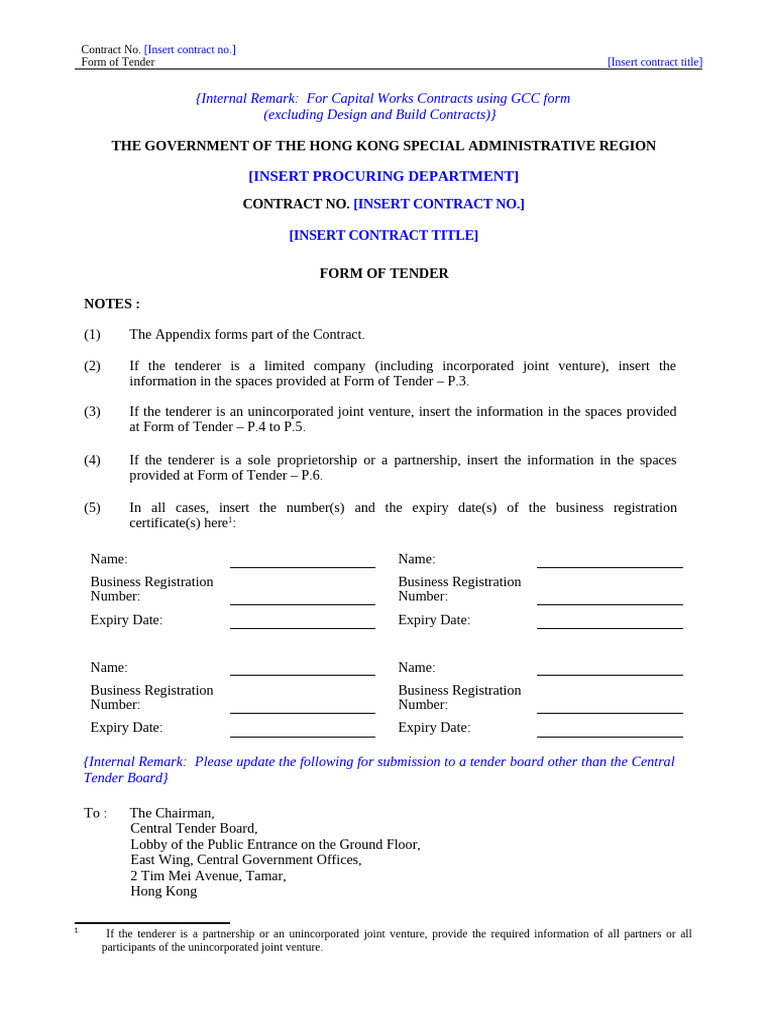 Form of Tender For Capital Works Contract New Development | PDF | Sole ...