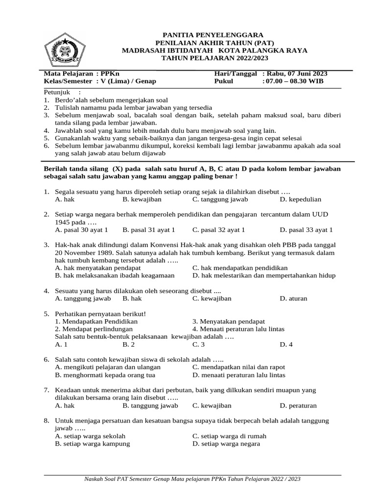 SOAL PPKN-5 SMT 2 2023 (ZULAIHA, S.Pd.I) | PDF