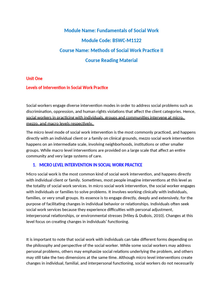 Methods of Social Work Practice II UNIT ONE | PDF | Social Work ...