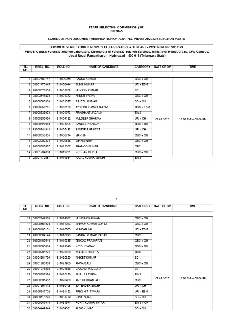 SSC SR Phase XI/2023 Lab Attendant DV Schedule | PDF | Cinema Of India ...