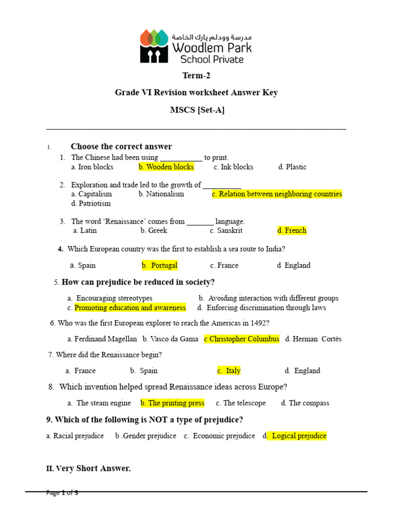 Term 2 Mscs Revision Worksheet Set A AK | PDF