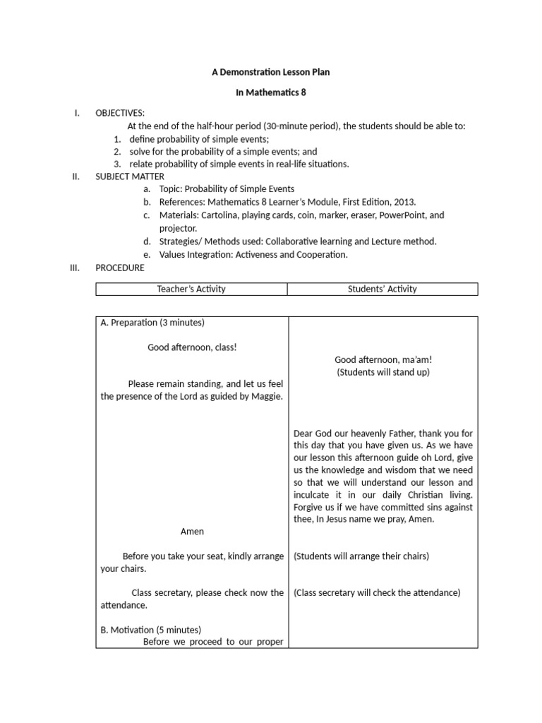 A Detailed Lesson Plan in Mathematics | PDF | Probability