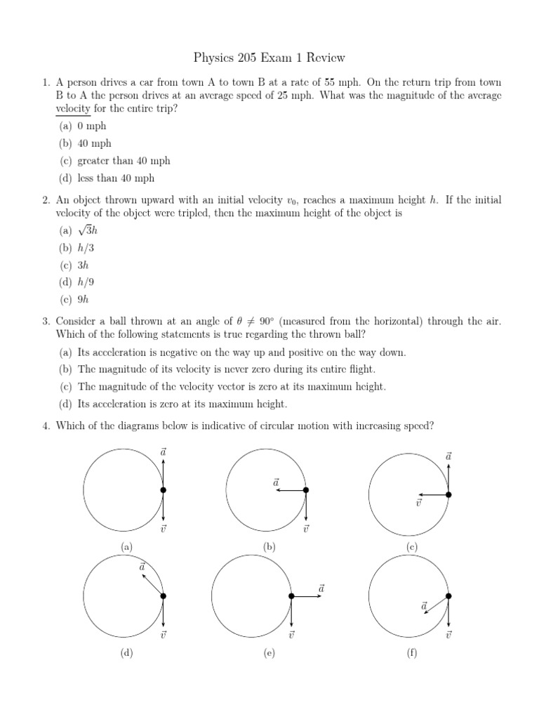 Physics 205 Exam 1 Review Questions | PDF | Acceleration | Velocity