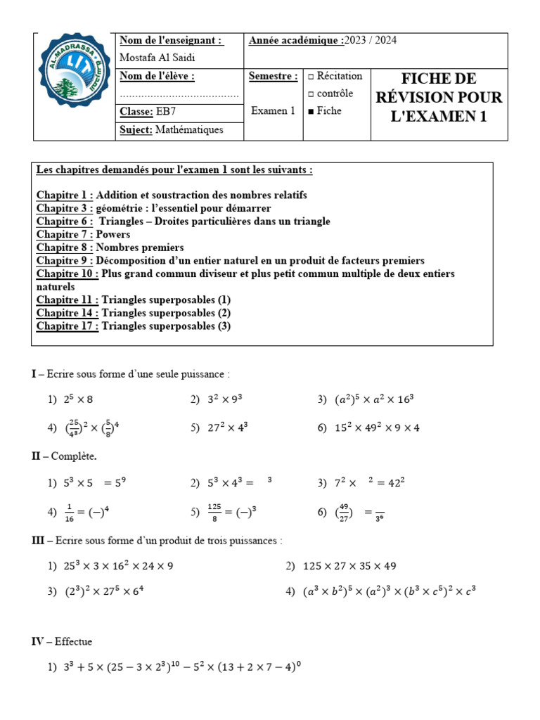 Révision Examen Maths EB7 | PDF | Triangle | Formes géométriques