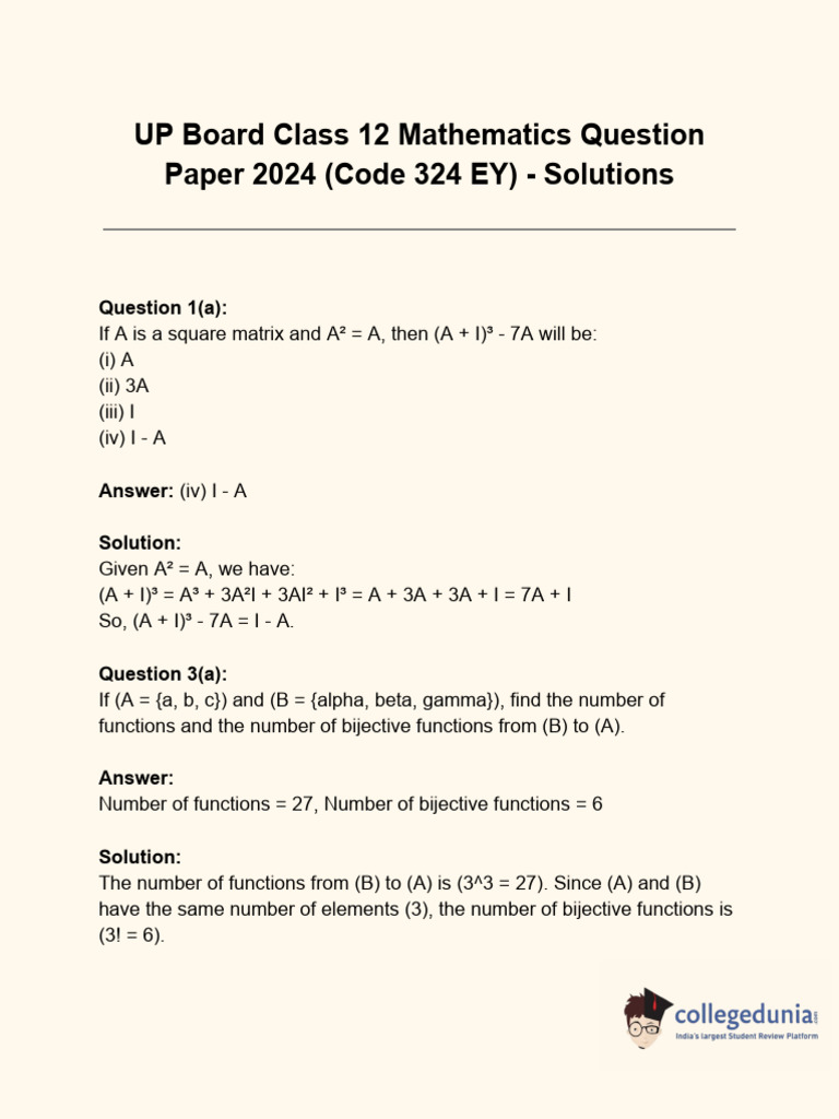 UP Board Class 12 Math Solutions 2024 | PDF | Matrix (Mathematics ...