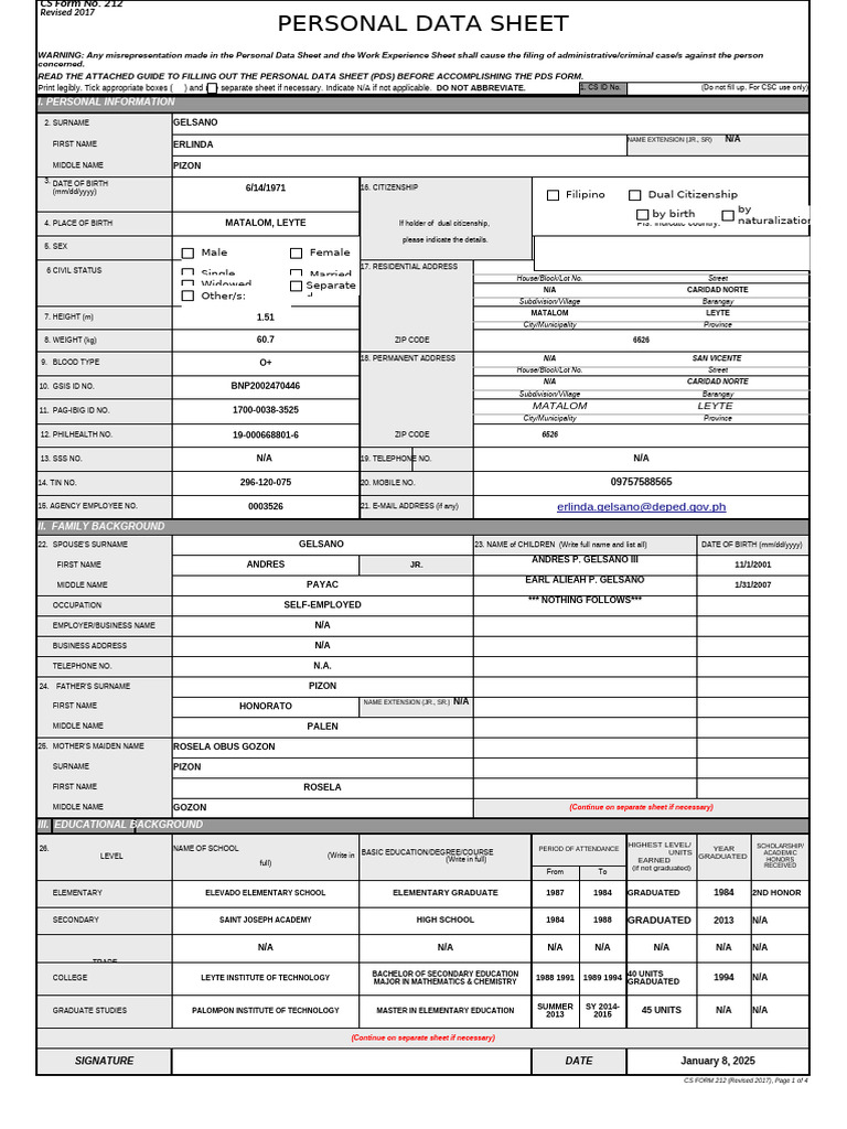 CS Form No. 212 Revised Personal Data Sheet - New | PDF