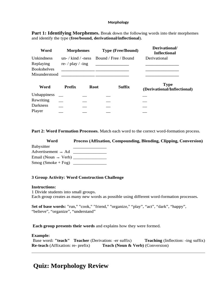 6.Morphology Worksheet | PDF | Morphology (Linguistics) | Word