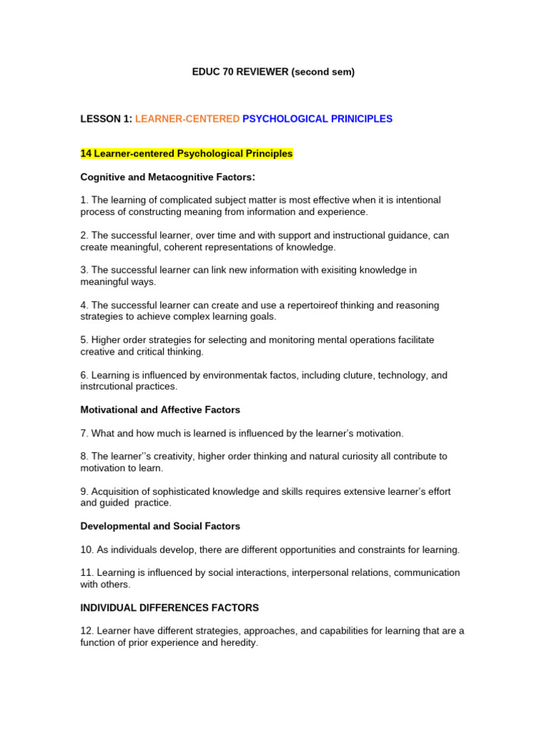 Educ 70 Reviewer 1st Sem | PDF | Schema (Psychology) | Learning