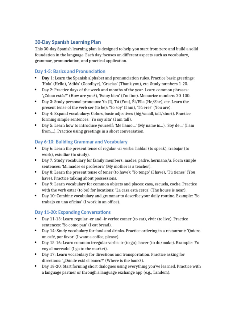30-Day Spanish Learning Guide | PDF | Linguistics | Grammar