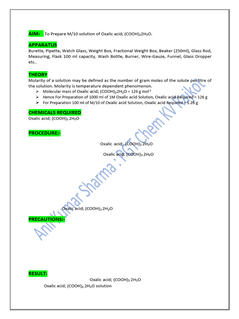 Practical 02 - M10 Oxalic Acid Preparation Experiment No 02 | PDF | Litre | Physical Chemistry