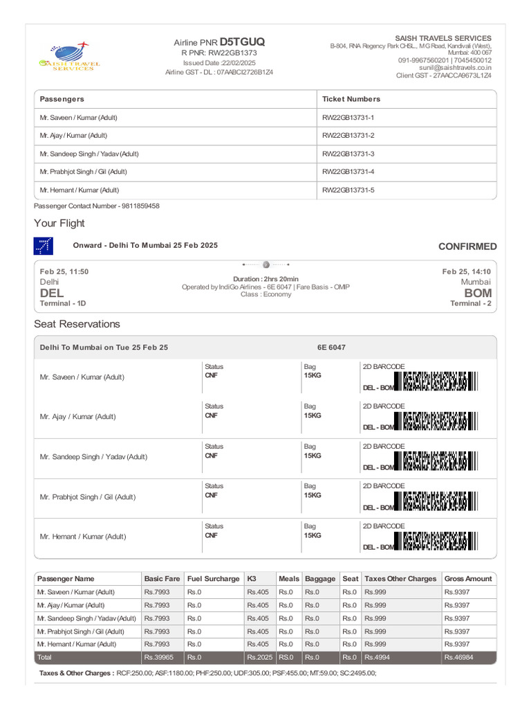 INDIGO E Ticket for MR SAVEEN KUMAR + 4 (Delhi To Mumbai on Tue 25 Feb 25) Dep @ 1150 PM | PDF ...