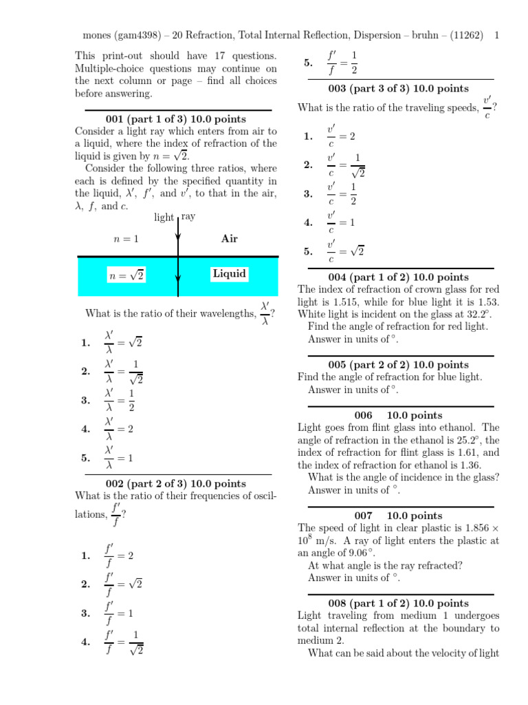 Refraction and Dispersion Physics Quiz | PDF | Refraction | Refractive ...