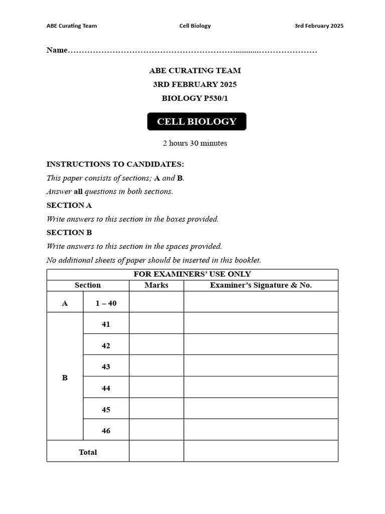 Abe Cell Biology Test 250218 165446 | PDF | Cell (Biology) | Mitosis