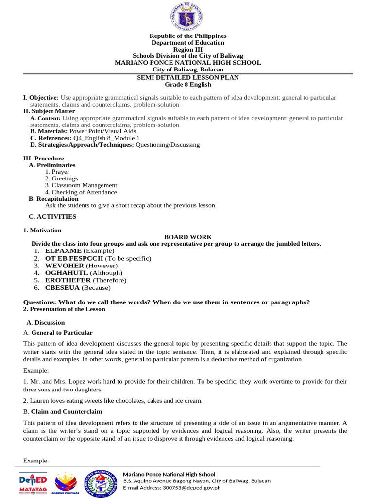 Grade 8 English Lesson Plan on Idea Development | PDF | Pollution | Air ...