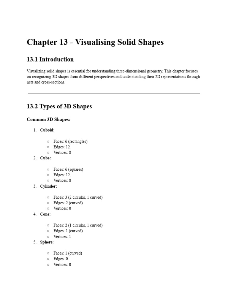 Chapter 13 - Visualising Solid Shapes Class 10 Maths - Google Docs | PDF | Shape | Euclid