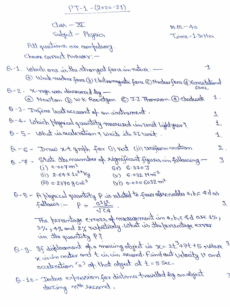 PT-1 PHYSICS CLASS XI Q. P. 2020-21-Shiv Prakash, PGT Physics | PDF