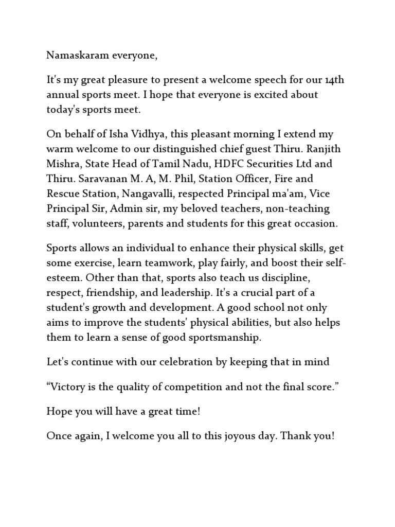 Welcome Address for Sports Meet | PDF