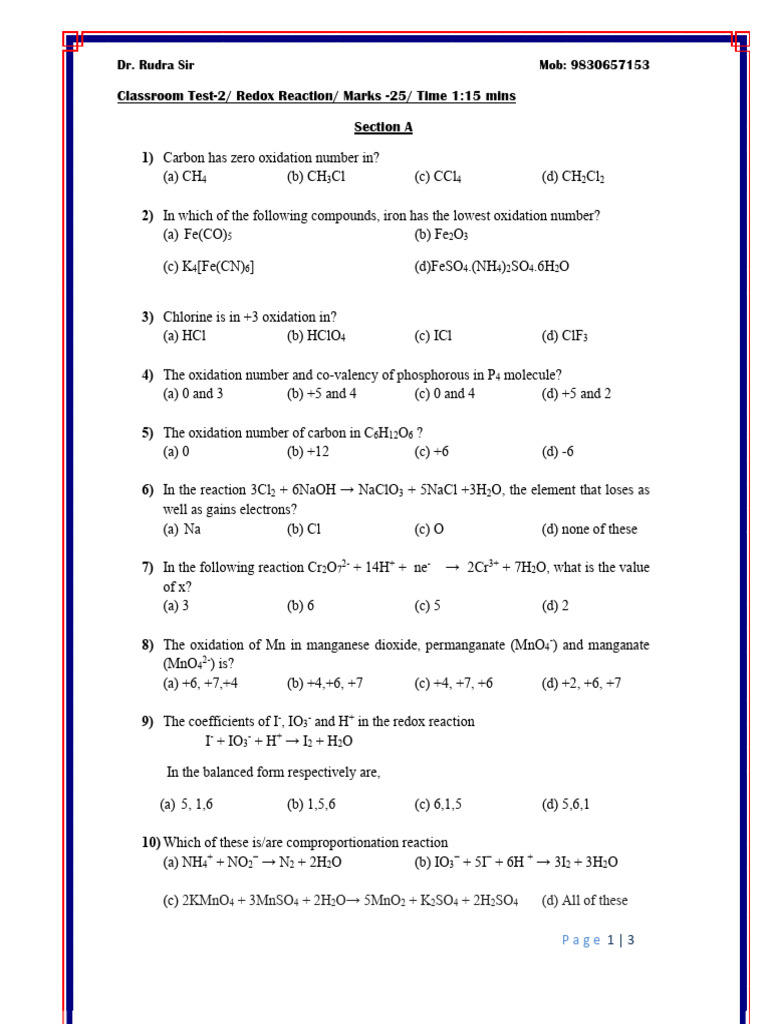 Redox Reaction Test for Students | PDF | Redox | Chemistry