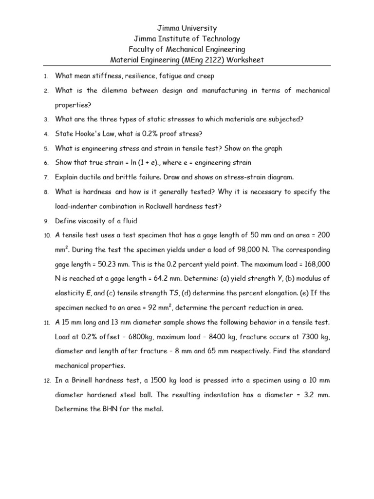 Worksheet For Mechanical Property of Materials | PDF