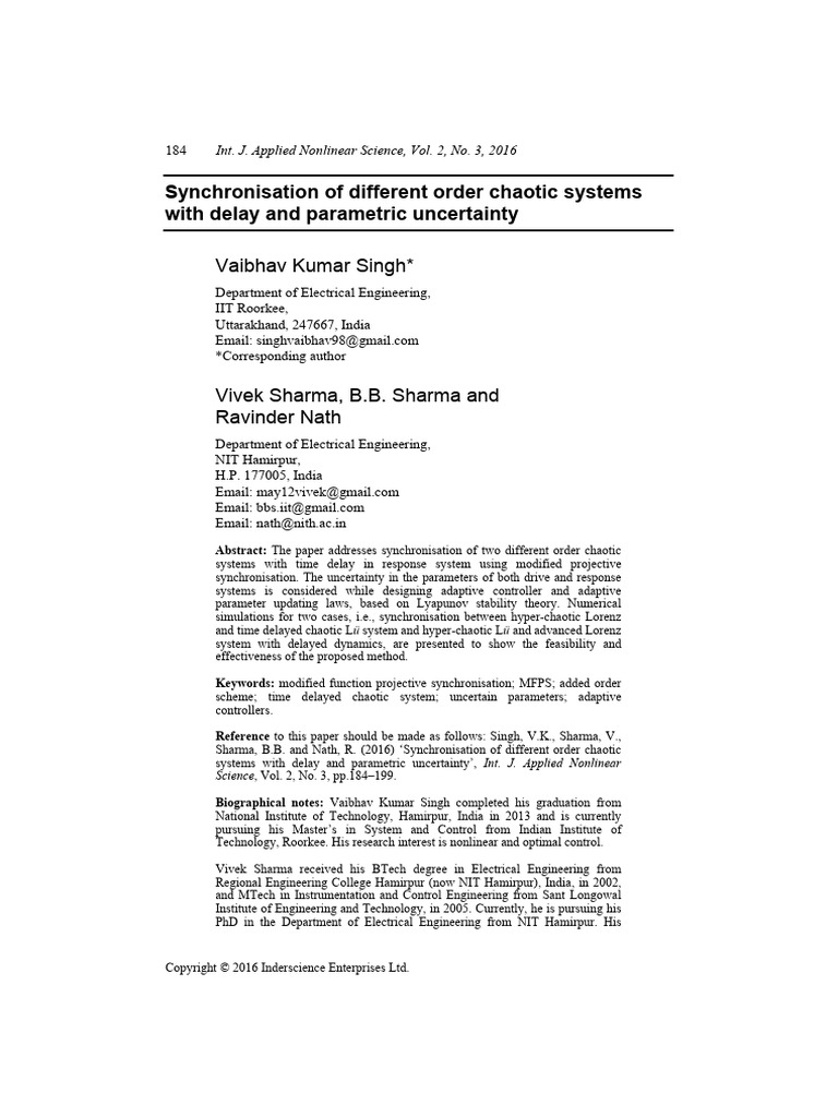 Synchronization of Different Order Chaotic Systems | PDF | Chaos Theory ...