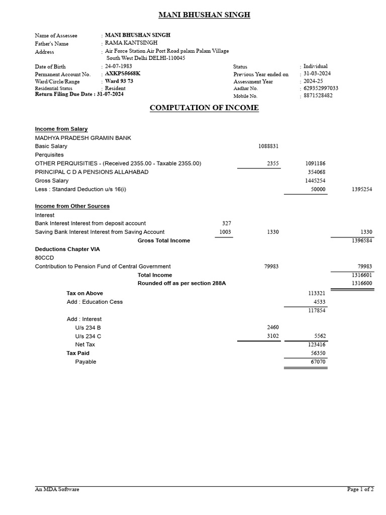 Computation Mani Bhusan Singh | PDF | Tax Deduction | Taxes